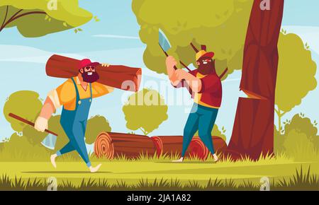 Two lumberjacks in forest chopping down trees with axes and piling logs ...