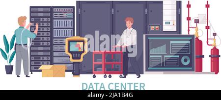 Datacenter cartoon composition with text and view of servers computers ...