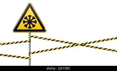 Carefully cold. Warning sign safety. pillar with sign and warning bands ...