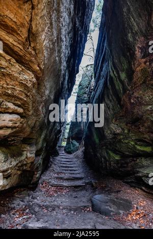 Rock gorge on the Mullerthal Trail, hiking trail through wild rocky ...