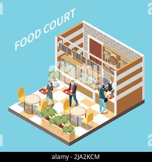 Isometric food court area interior with people walking with tray eating ...