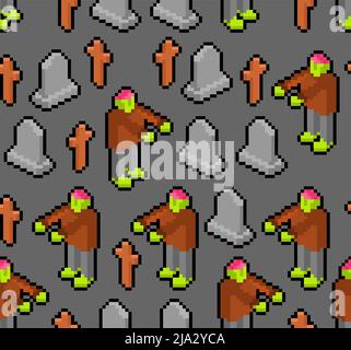 Zombie pixel art pattern seamless. 8 bit Dead man in Cemetery. monster ...