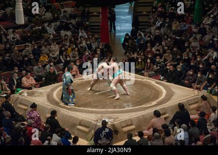 Sumo wrestlers battle during The Grand Sumo Tournament at the Royal ...