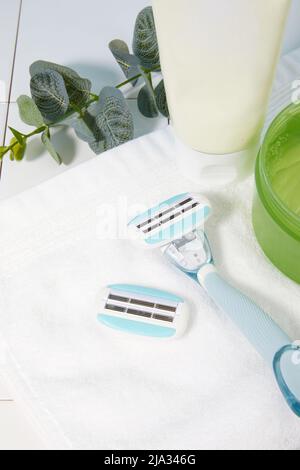 waxing products, razor and skin soothing products Stock Photo - Alamy
