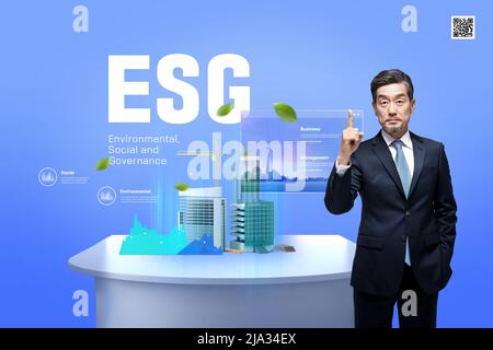 ESG promotion poster : Asian Korean male in eco friendly building ...