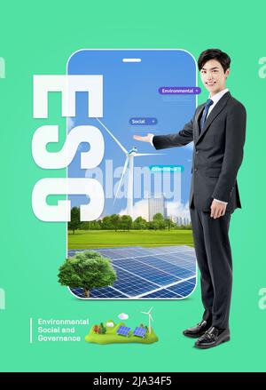 ESG promotion poster : Asian Korean woman in eco friendly building ...