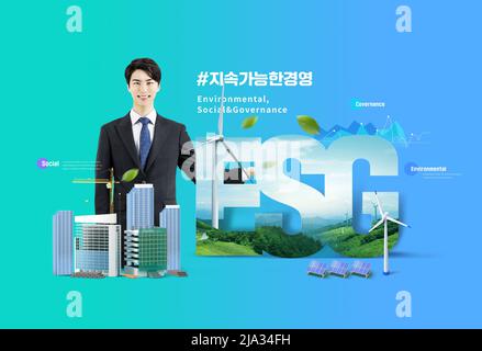 ESG promotion poster : Asian Korean male in eco friendly building ...