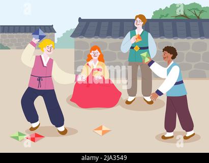Korean culture experience trip, foreign tourist vector illustration ...