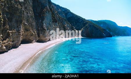 Paradise beach, chomi, Corfu in Greece. Drone shot of a turquoise ...