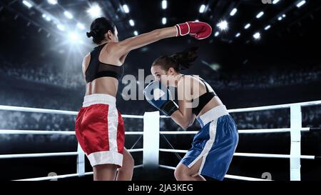 Collage with young female professional boxers in boxing gloves in ...