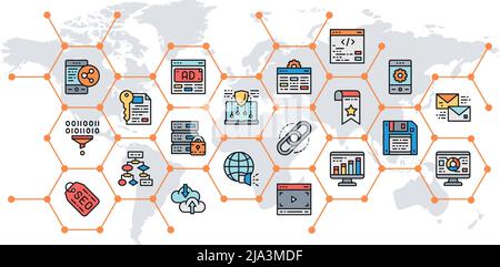 SEO landing page with colored icons. Bookmark, Hosting, Hyperlink ...