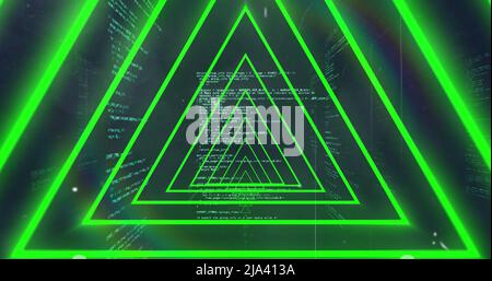 Abstract illustration of green neon geometrical shapes against black ...