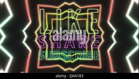 Image of like, share, subscribe over neon lights on black background ...