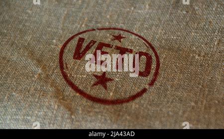 Veto stamp printed on linen sack. Opposition, objection and refuse ...