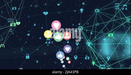 Image of emoji icons over networks of connections on black background ...