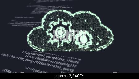 Image of digital cloud with cogs over data processing on black ...