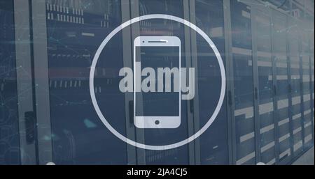 Image of smartphone icon and data processing over server room Stock ...
