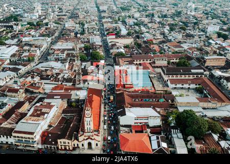 Aerial view of Iquitos, Peru with the Itaya River in the background in ...