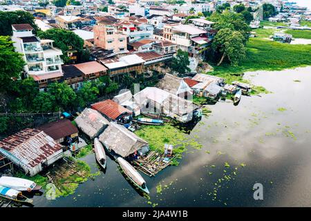 Aerial view of Iquitos, Peru with the Itaya River in the background in ...
