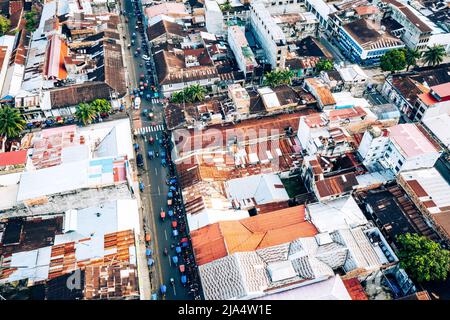 Aerial view of Iquitos, Peru with the Itaya River in the background in ...