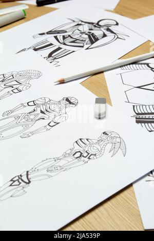 Illustrated sketches of robots characters of computer games. Design ...