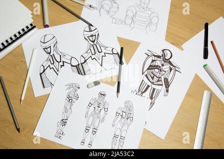 Illustrated sketches of robots characters of computer games. Design ...