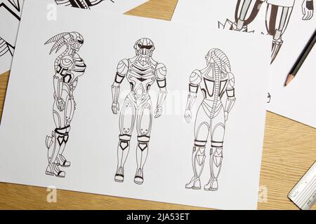 Illustrated sketches of robots characters of computer games. Design ...