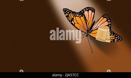 Graphic design of iconic monarch butterfly with bandaged injured wing ...