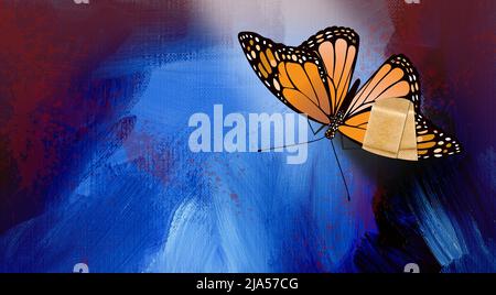 Graphic design of iconic monarch butterfly with wing scarred with bite ...