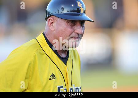 Southern Mississippi baseball coach Scott Berry gestures as he confers ...