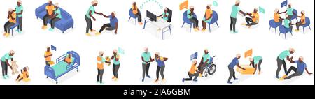 Mutual help isometric recolor icons set with psychological and medical ...