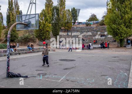 Few people sit at the karaoke stage in Mauerpark, Prenzlauer Berg ...