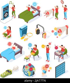 Noise pollution isometric icons set with night stress symbols isolated vector illustration Stock ...