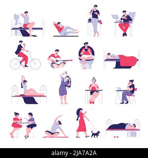 Female daily routine time. Girl activity during day. Watch face with ...