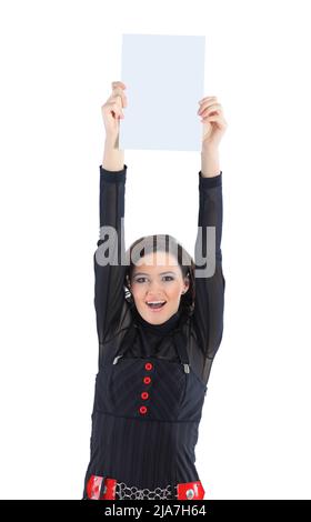 Beatiful business woman with a white banner. Isolated on a white ...