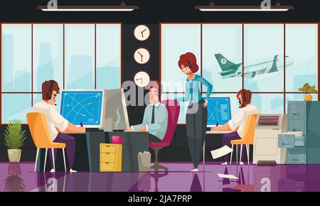 Airport flight control service workplace interior cartoon composition ...