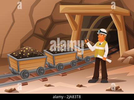 Mining miner cartoon composition with view of entrance with character ...