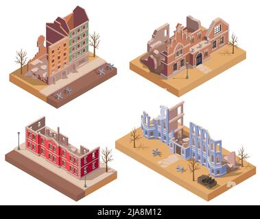 Destroyed buildings. Damaged urban isometric architectural objects bad ...