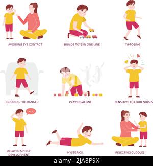Flat autism signs set with child playing alone tiptoeing avoiding eye ...