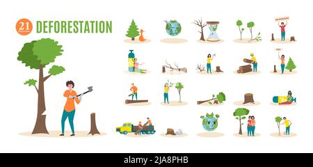 Deforestation set with environmental protection symbols flat isolated ...