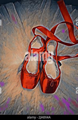 Red ballet pointe shoes resting on a white and black tutu Stock Photo ...