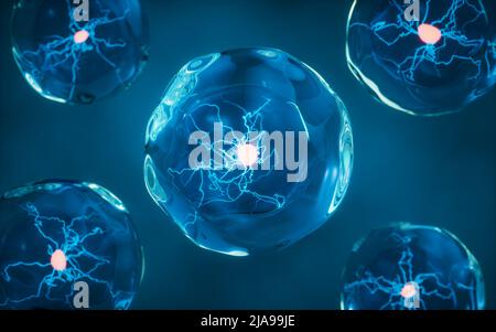 Transparent cell with glowing nucleus inside, 3d rendering. Computer ...