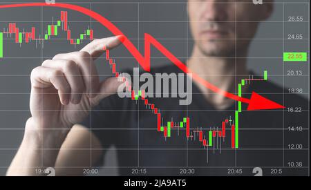 businessman near downfall finance graph, shot on the blue background ...