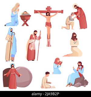 Flat design easter icons set with jesus christ and human characters ...