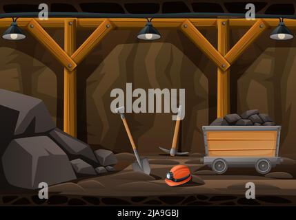 Mining miner cartoon composition with underground scenery and vintage ...