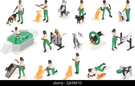 Set with isolated dog school isometric recolor icons with human ...