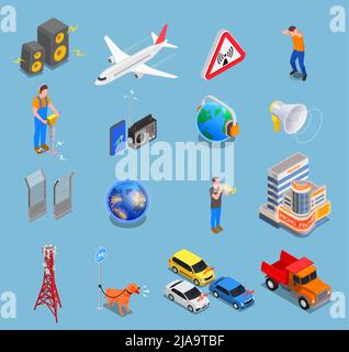 Noise pollution isometric icons set with night stress symbols isolated vector illustration Stock ...