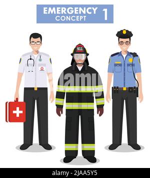 Detailed illustration of fireman, emergency doctor, police officer with ...