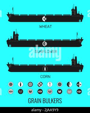 Icon set of bulk carriers for transportation of bulk cereals and icons ...