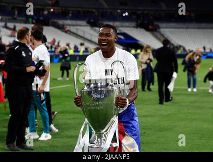 David Alaba of Real Madrid lifts the trophy after winning with his team ...
